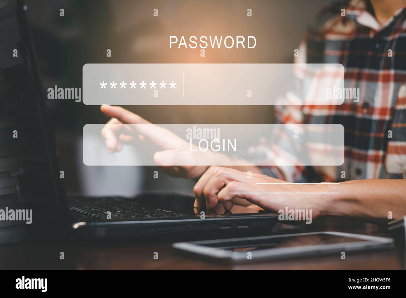 Security password login online concept Hands typing and entering ...