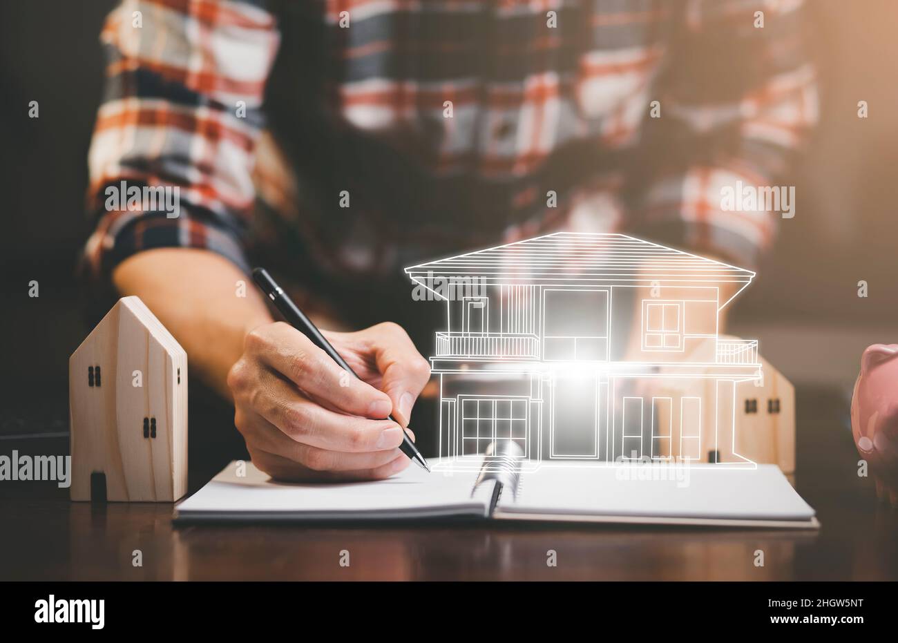 Engineering and architecture drawings and mini home model concept ...