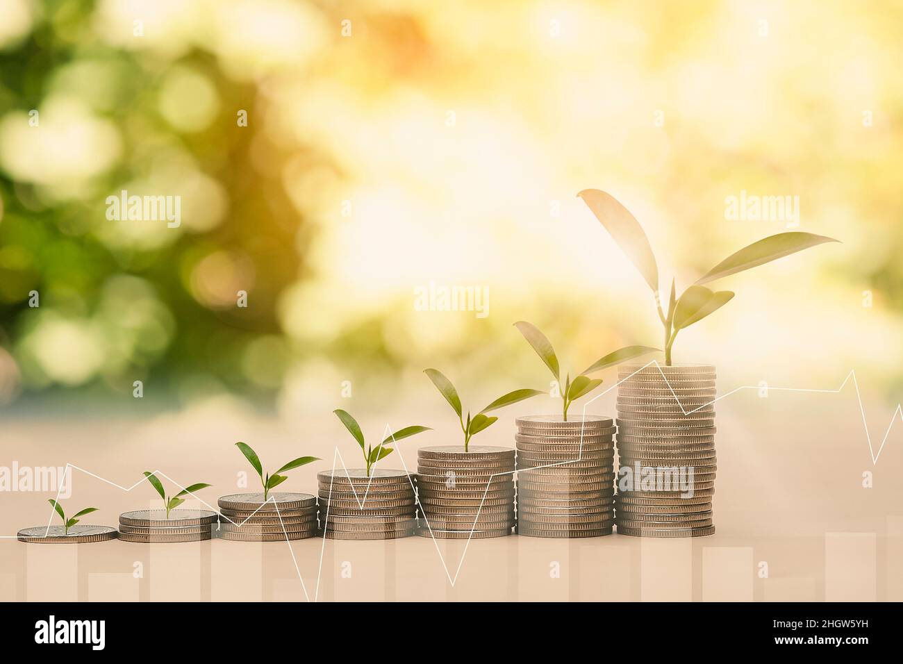 Coins stack and leaf with line graph business connect on nature ...