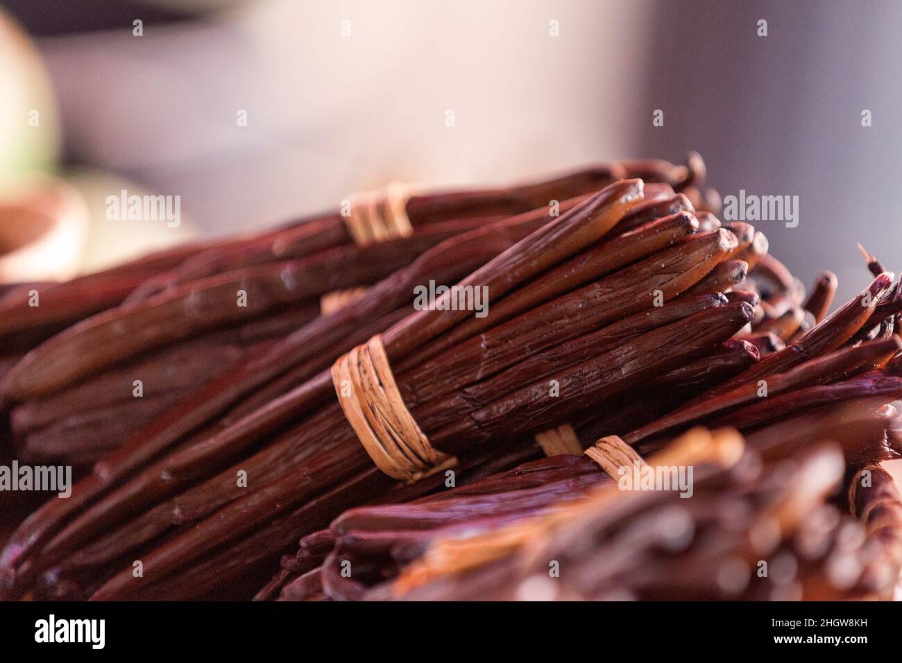 Full frame close up on bundles of vanilla beans on a market stall Stock ...