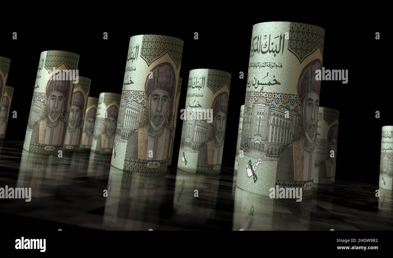 Oman Rial money rooled 3d illustration. OMR banknote roll. Concept of ...