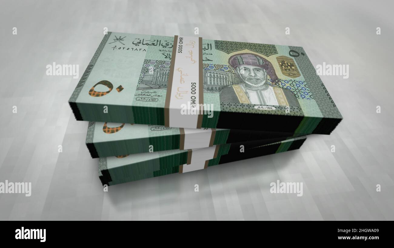Oman Rial money pack 3d illustration. OMR banknote bundle stacks ...