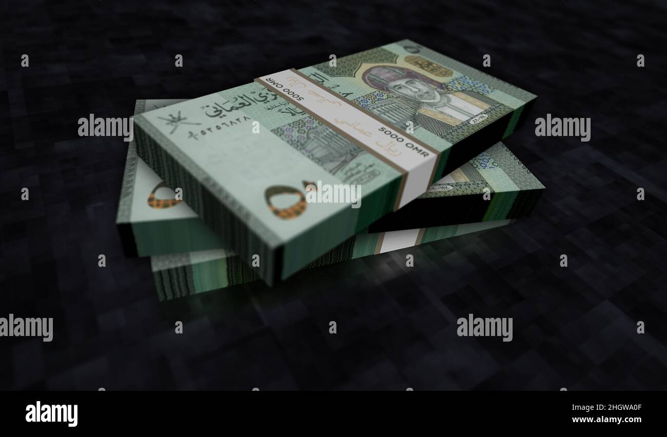 Oman Rial money pack 3d illustration. OMR banknote bundle stacks ...