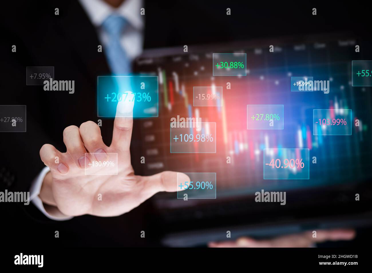 Businessman touchscreen line of Stock market or forex trading graph and ...