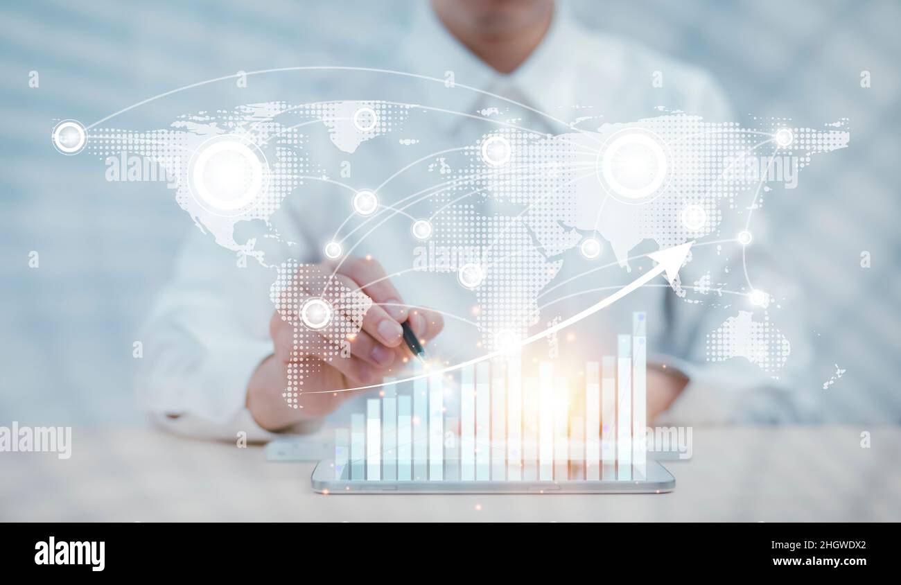 Modern Business World, businessman navigating the virtual world map ...