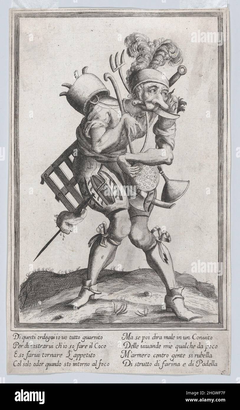 A caricature figure representing a cook loaded with various implements ...