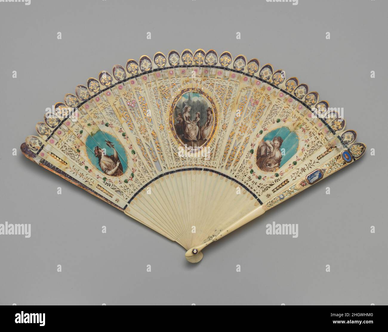 Brisé fan with three painted reserves late 18th century British This ...