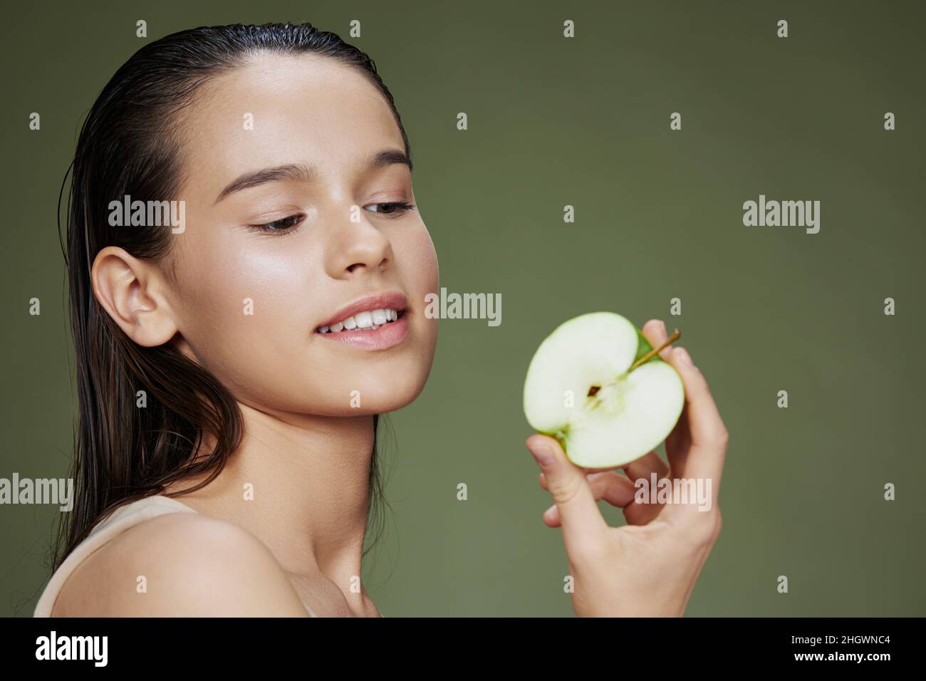 portrait woman apple in hands posing fruit healthy food fresh close-up ...