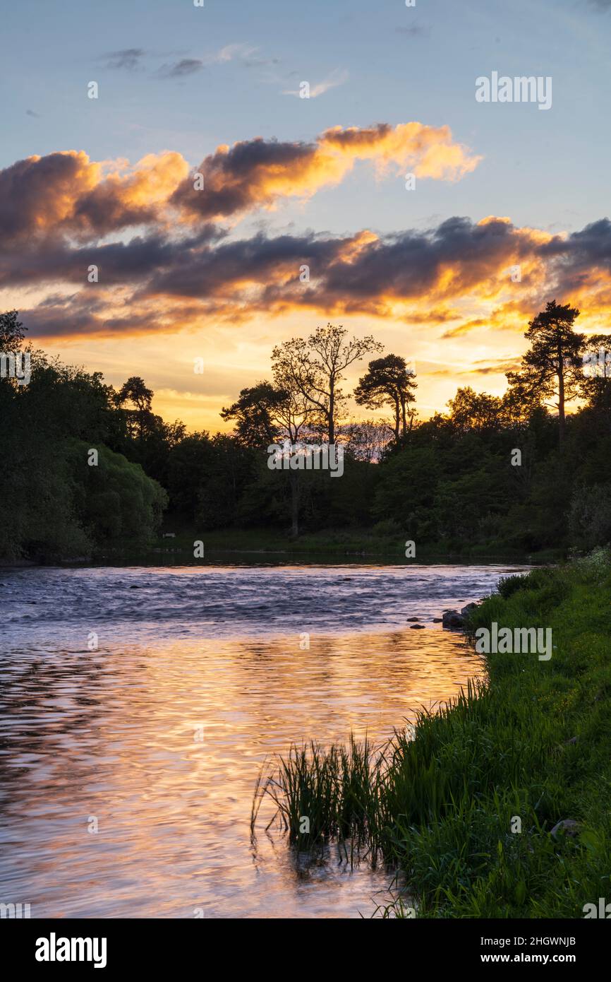 The River Teviot near Roxurgh Castle, towards sunset. Scottish Borders ...