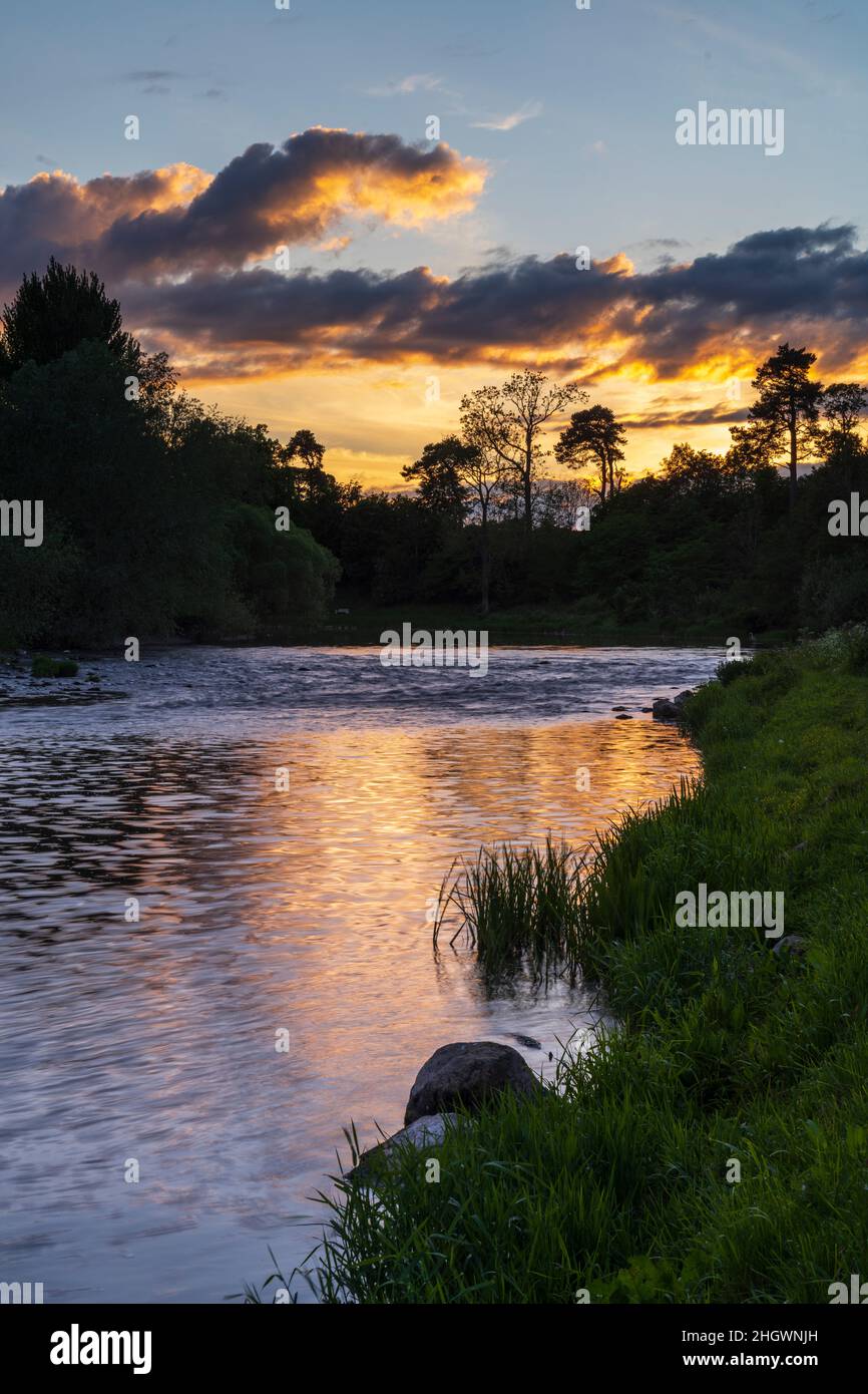 The River Teviot near Roxurgh Castle, towards sunset. Scottish Borders ...