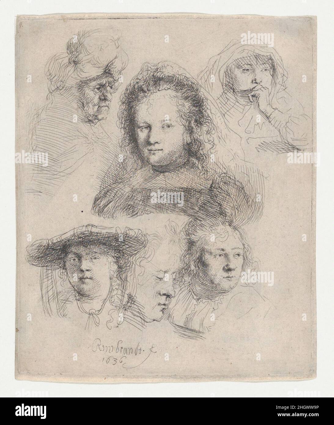 Studies of the Heads of Saskia and Others 1636 Rembrandt (Rembrandt van ...