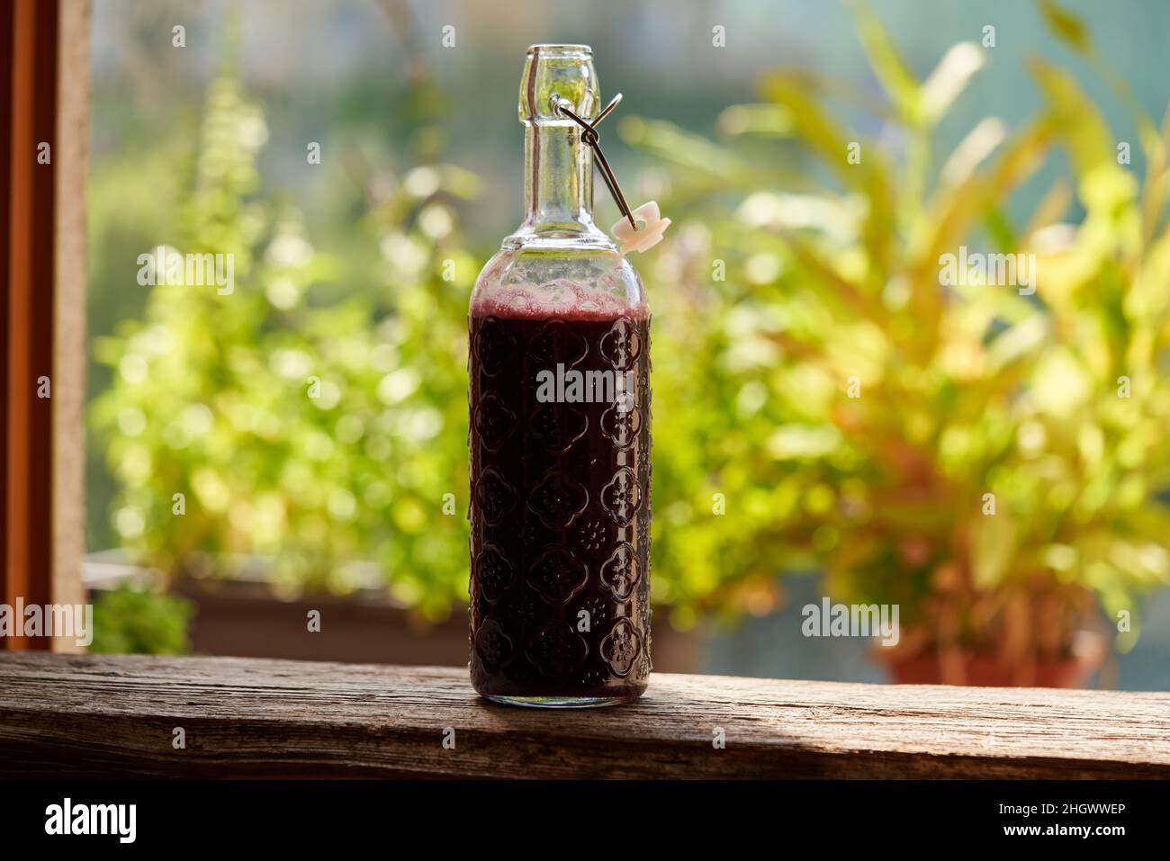 A bottle of black elder syrup near a window, with copy space Stock ...