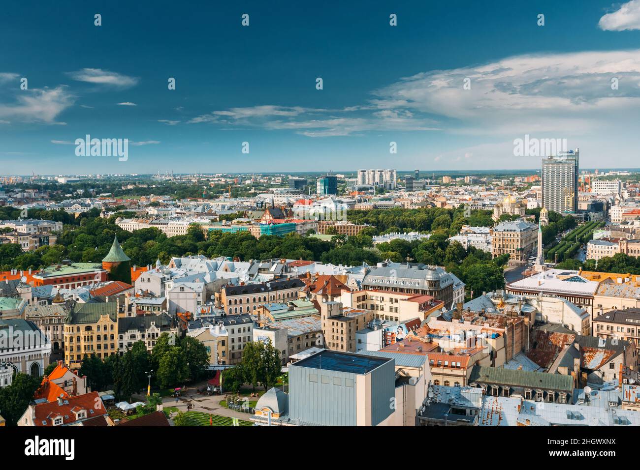 Riga, Latvia. Riga Cityscape In Sunny Summer Day. Top View Of Famous ...