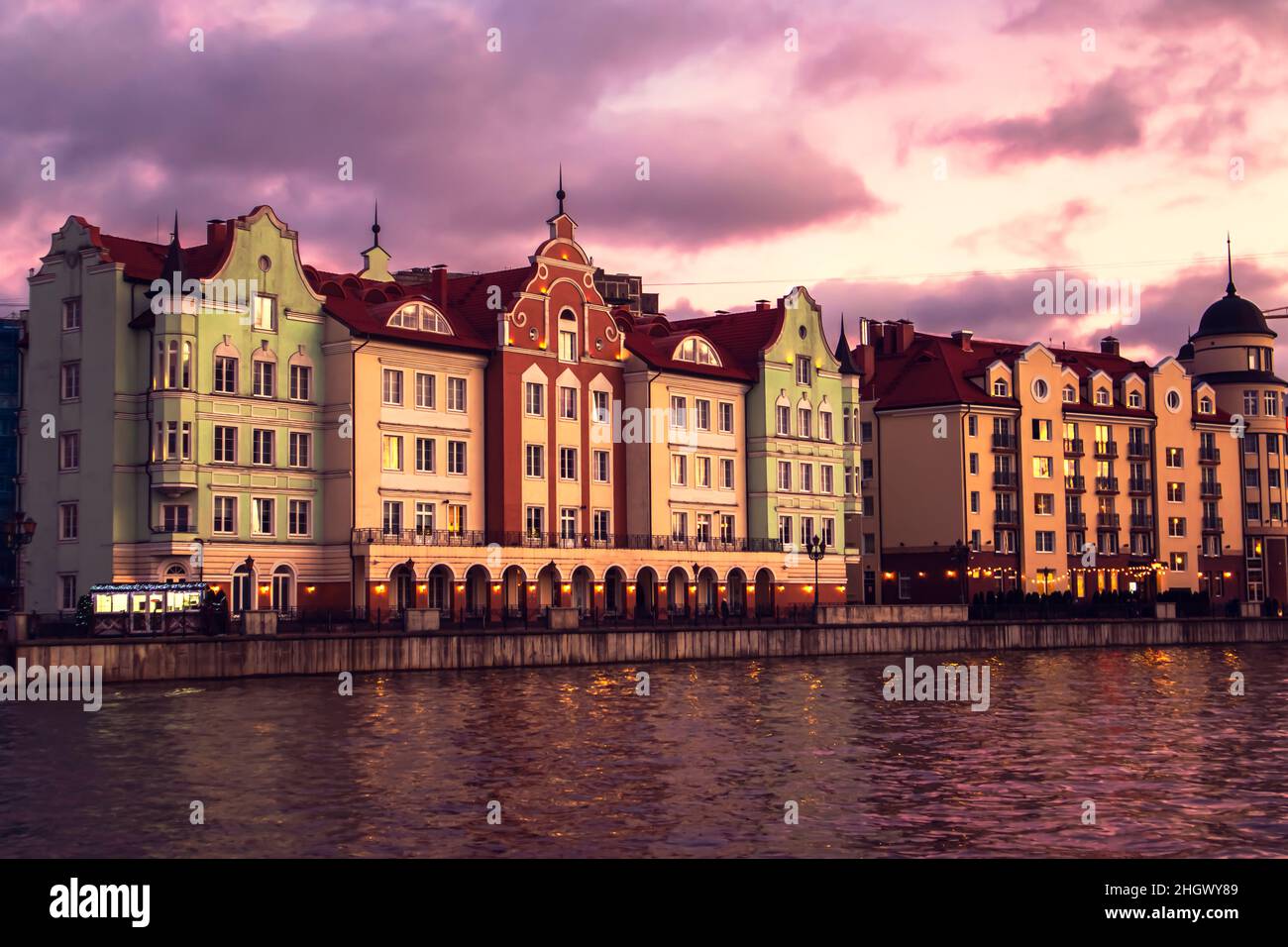 Fishing village in Kaliningrad at night. Stylization of ancient Europe ...