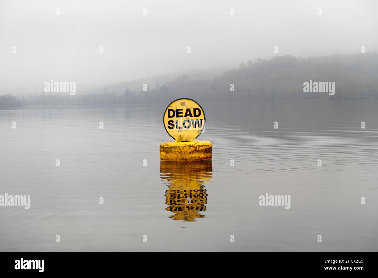 Dead slow water safety float buoy sign in Loch Lomond Stock Photo - Alamy