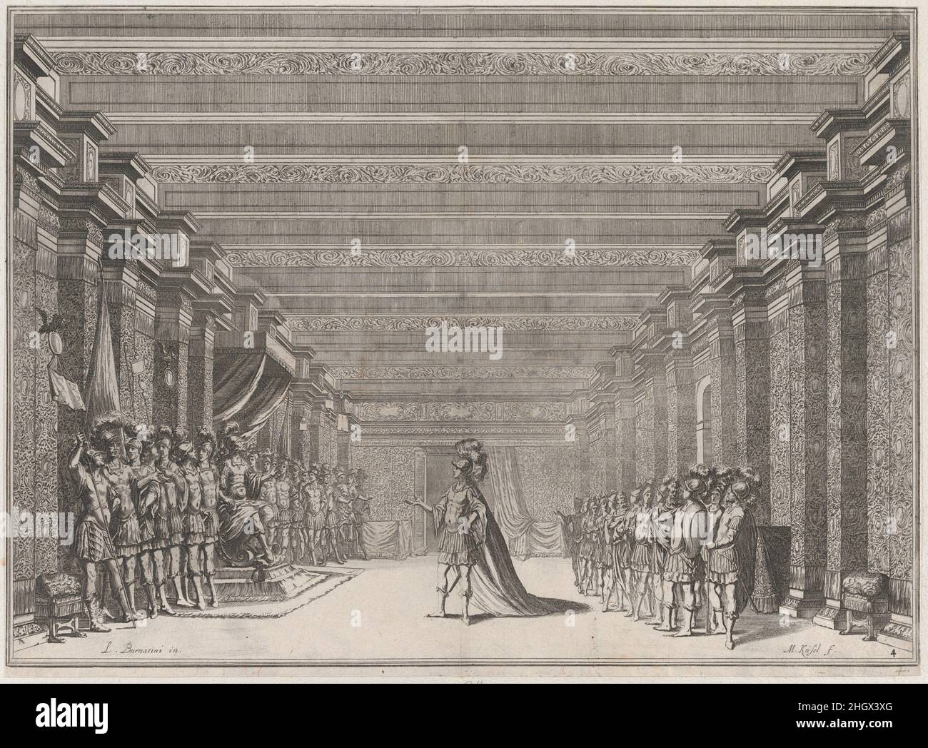 Throne room with a man in classical armor standing at center addressing ...