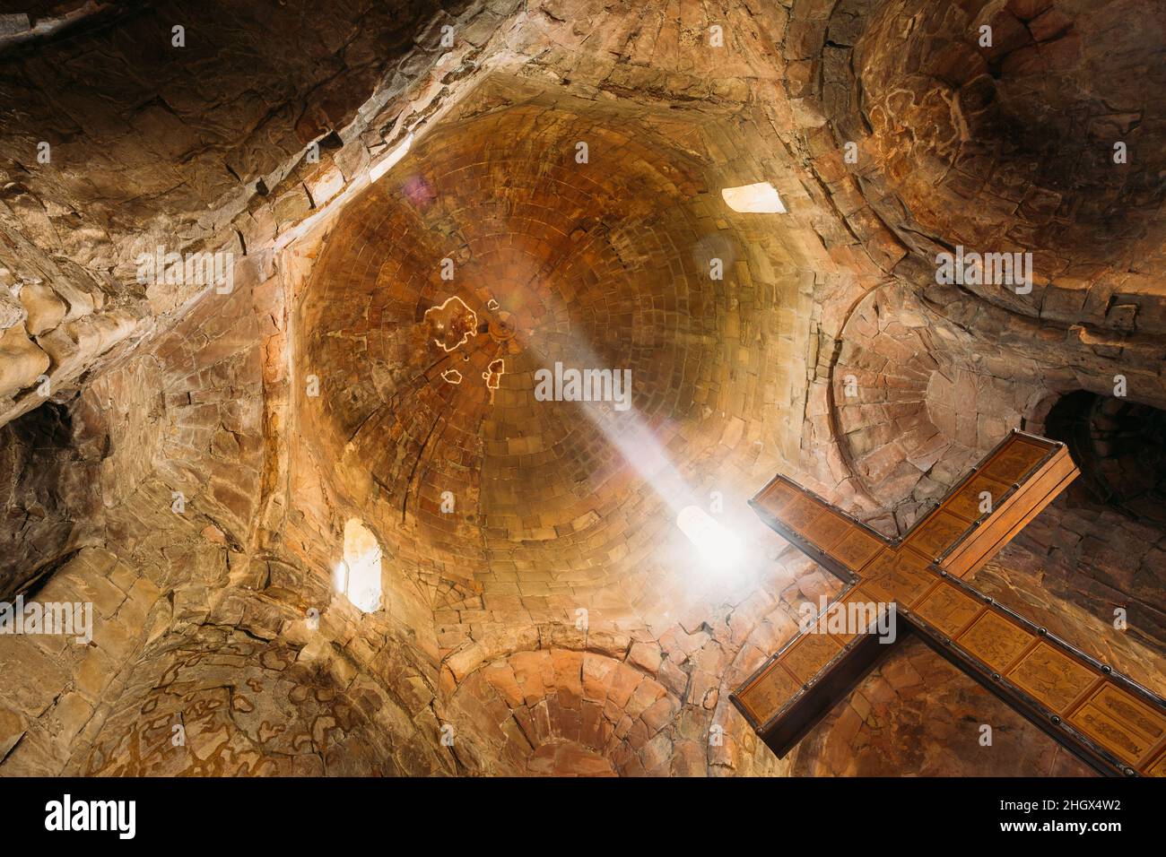 Mtskheta Georgia. Bottom View Of Big Wooden Cross On Stone Walls And ...