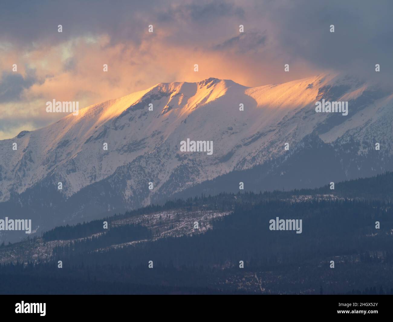 Winter landscape of the Tatra Mountains. View of the snow-capped peaks ...