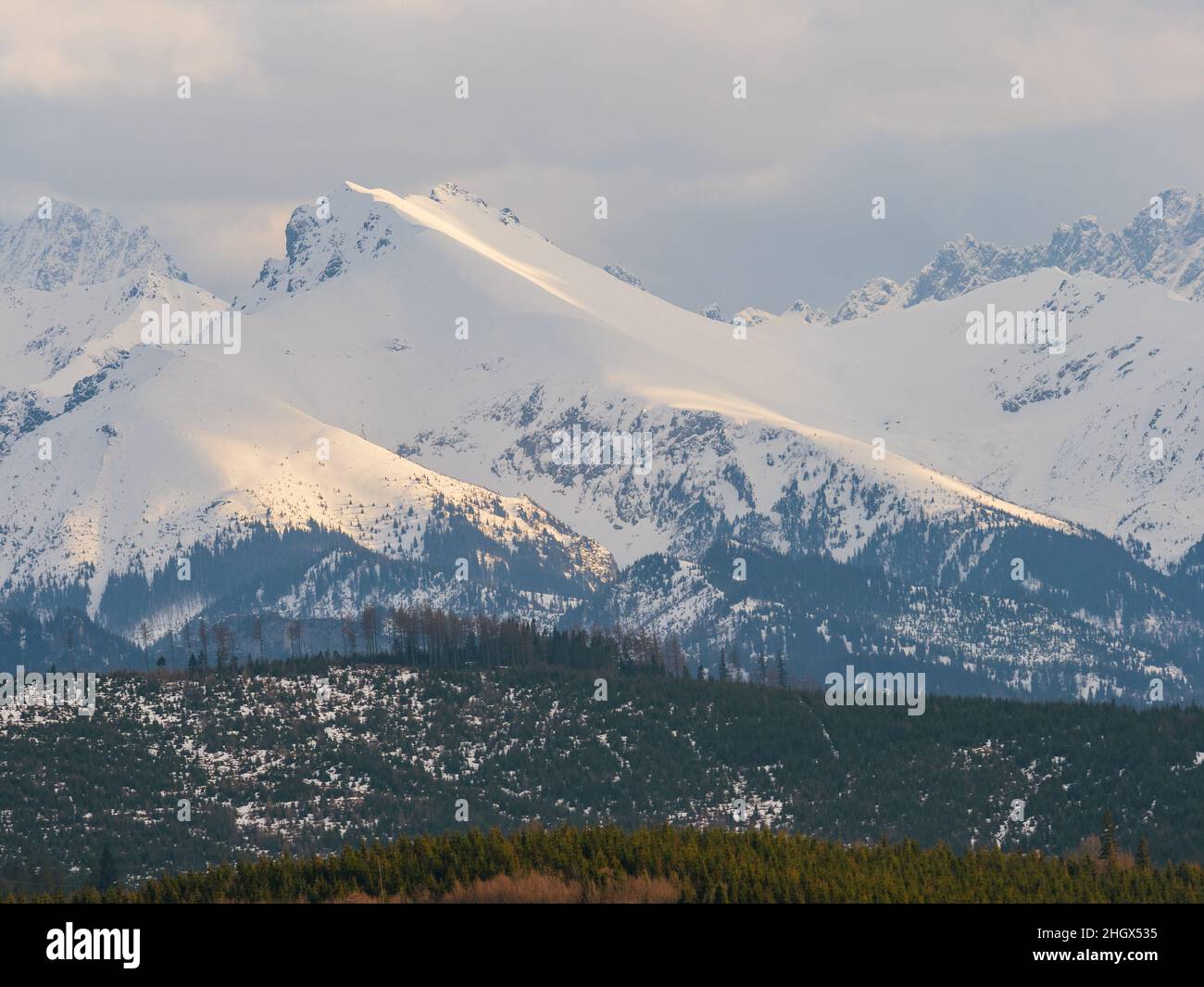 Winter landscape of the Tatra Mountains. View of the snow-capped peaks ...
