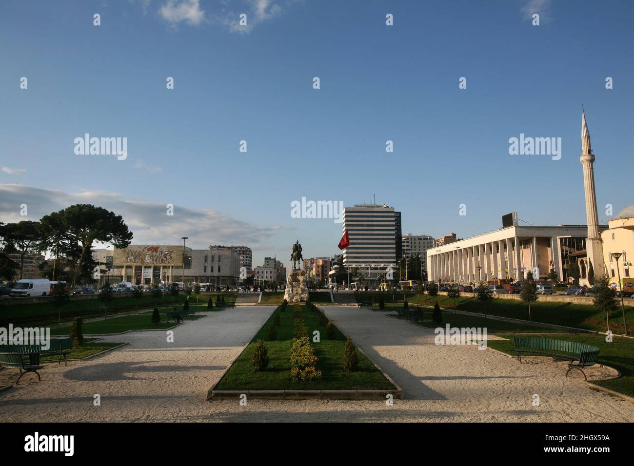 Skanderbeg Square and Opera Building in Tirana, Albania. Square is the ...