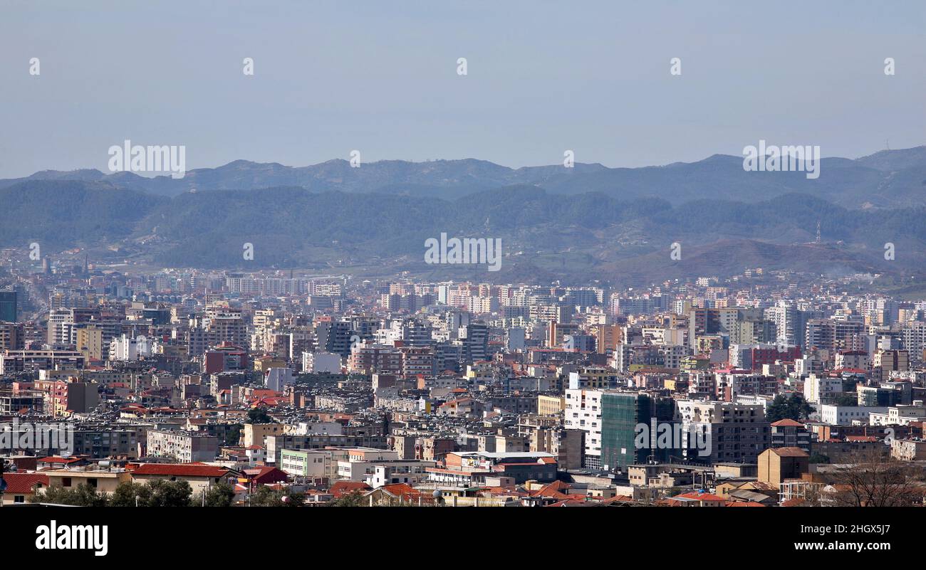 Panoramic view of Tirana city in Albania. Tirana is the capital and ...