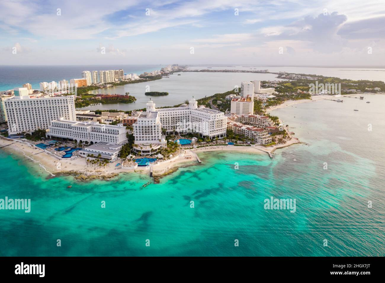 Aerial panoramic view of Cancun beach and city hotel zone in Mexico ...