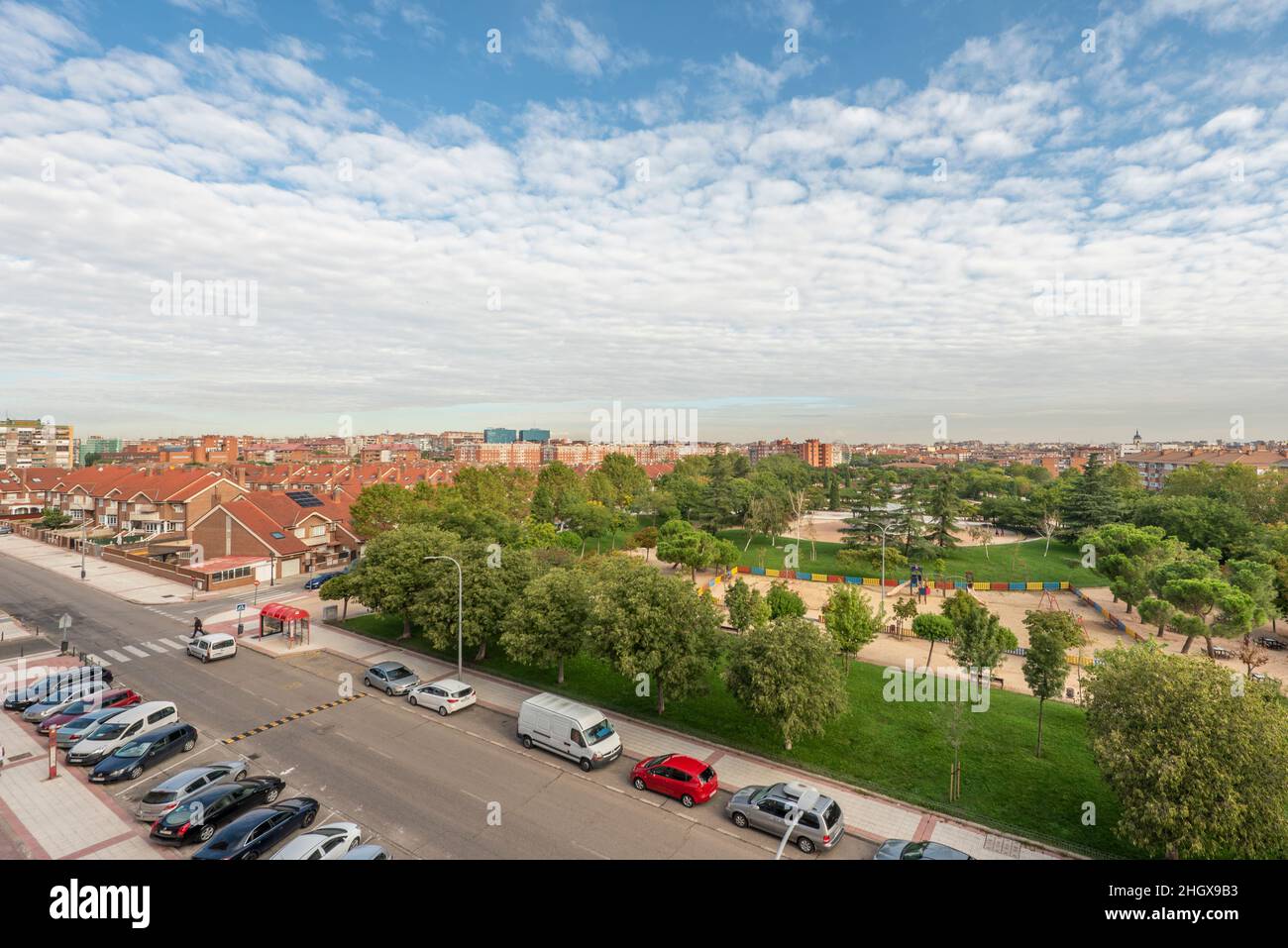 Park and area of single-family homes on the outskirts of a small town ...