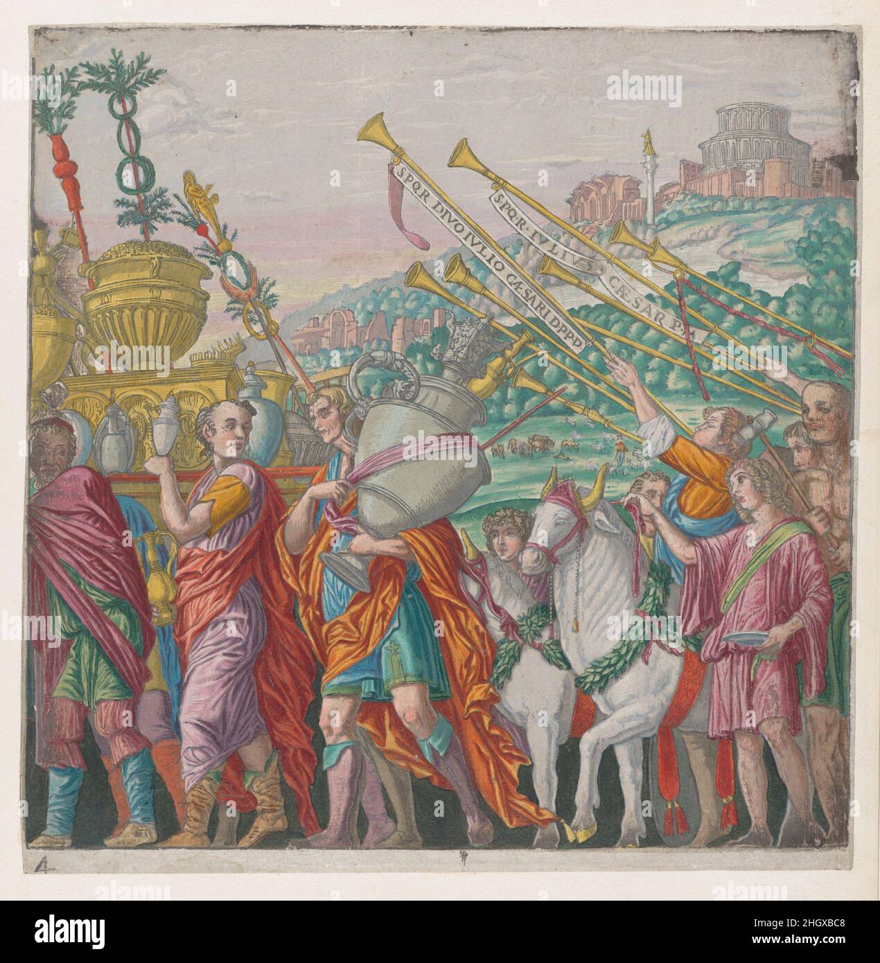 Sheet 4: Men carrying trophies at left, trumpeters at right, from The ...