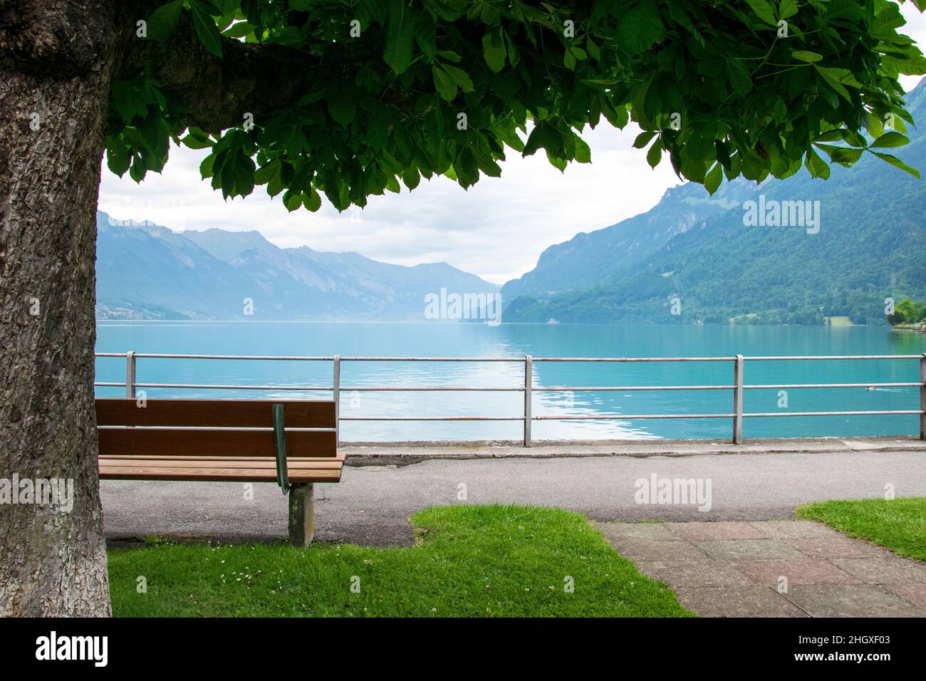 Wooden park bench with amazing lake view by Brienz Lake in Interlaken ...