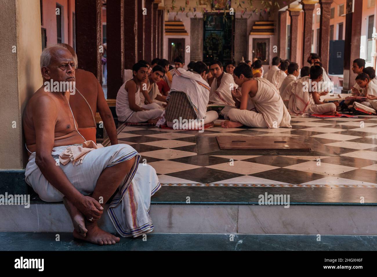 Students of a Hindu ashram (religious school) study sacred texts ...