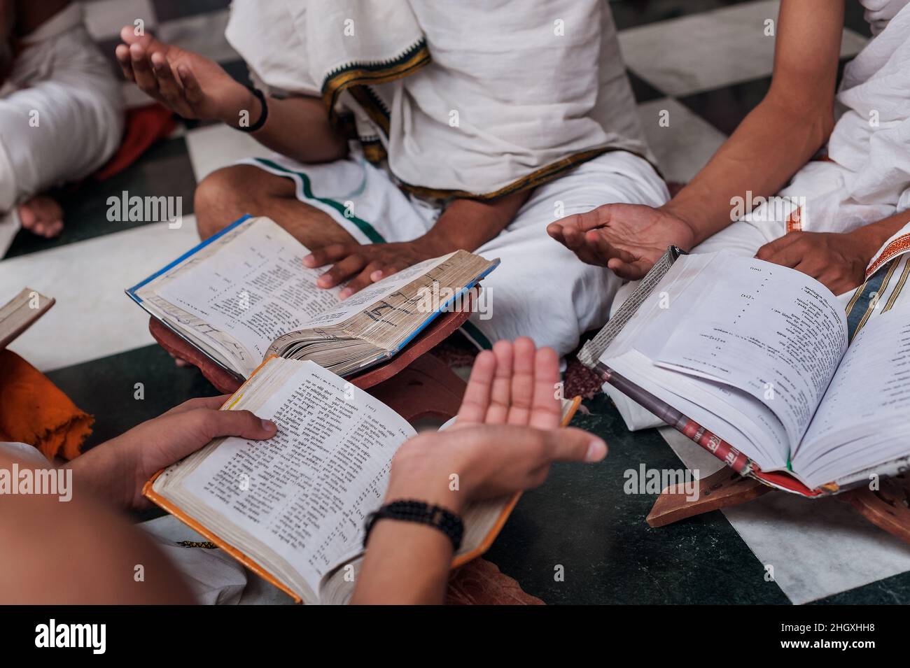 Students of a Hindu ashram (religious school) study sacred texts ...