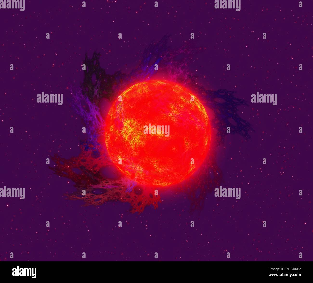 Red dwarf star in cosmos. Space flight to the red star, 3d rendered ...