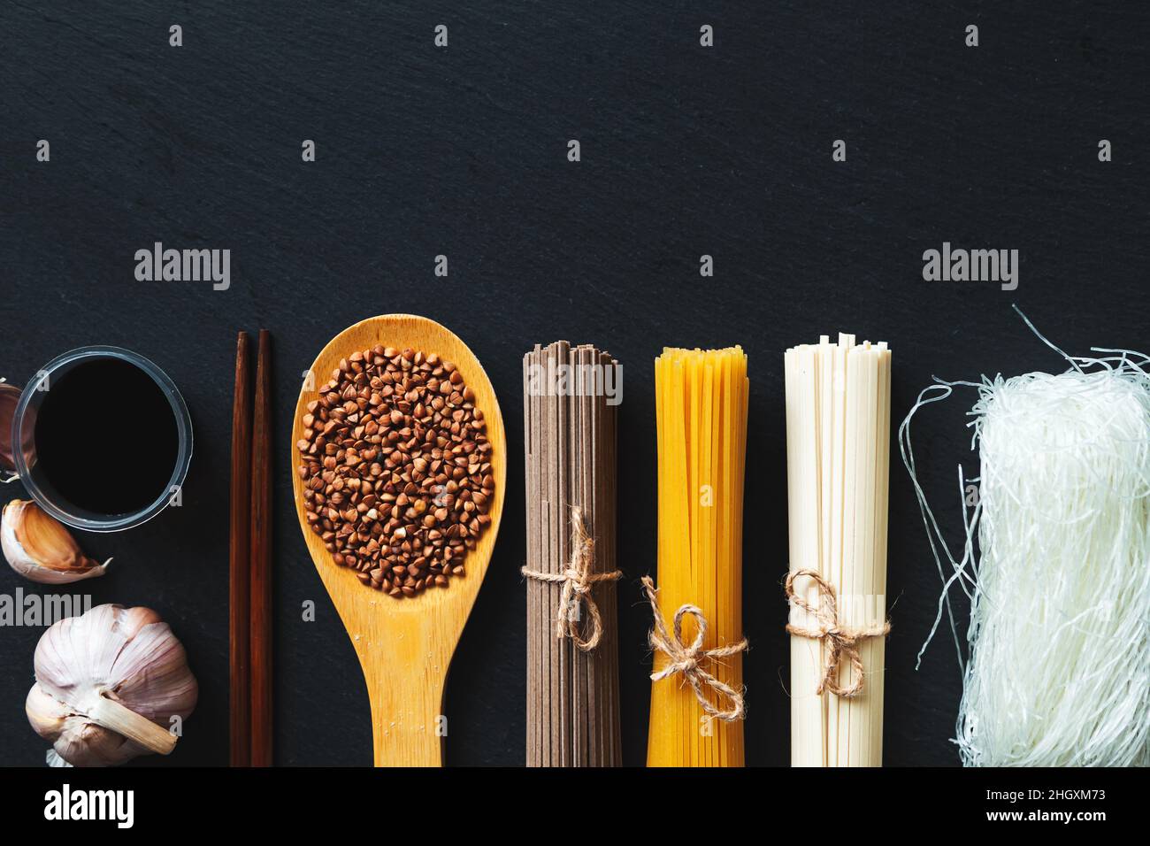 Noodles from different countries. Soba, udon, spaghetti, funchose ...