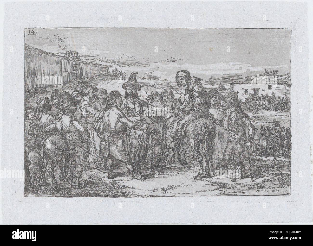 Plate 14: a large group of people outdoors, possibly a troupe of actors ...