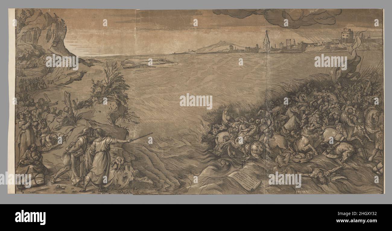 The crossing of the red sea, Moses stands at the left pointing to the ...