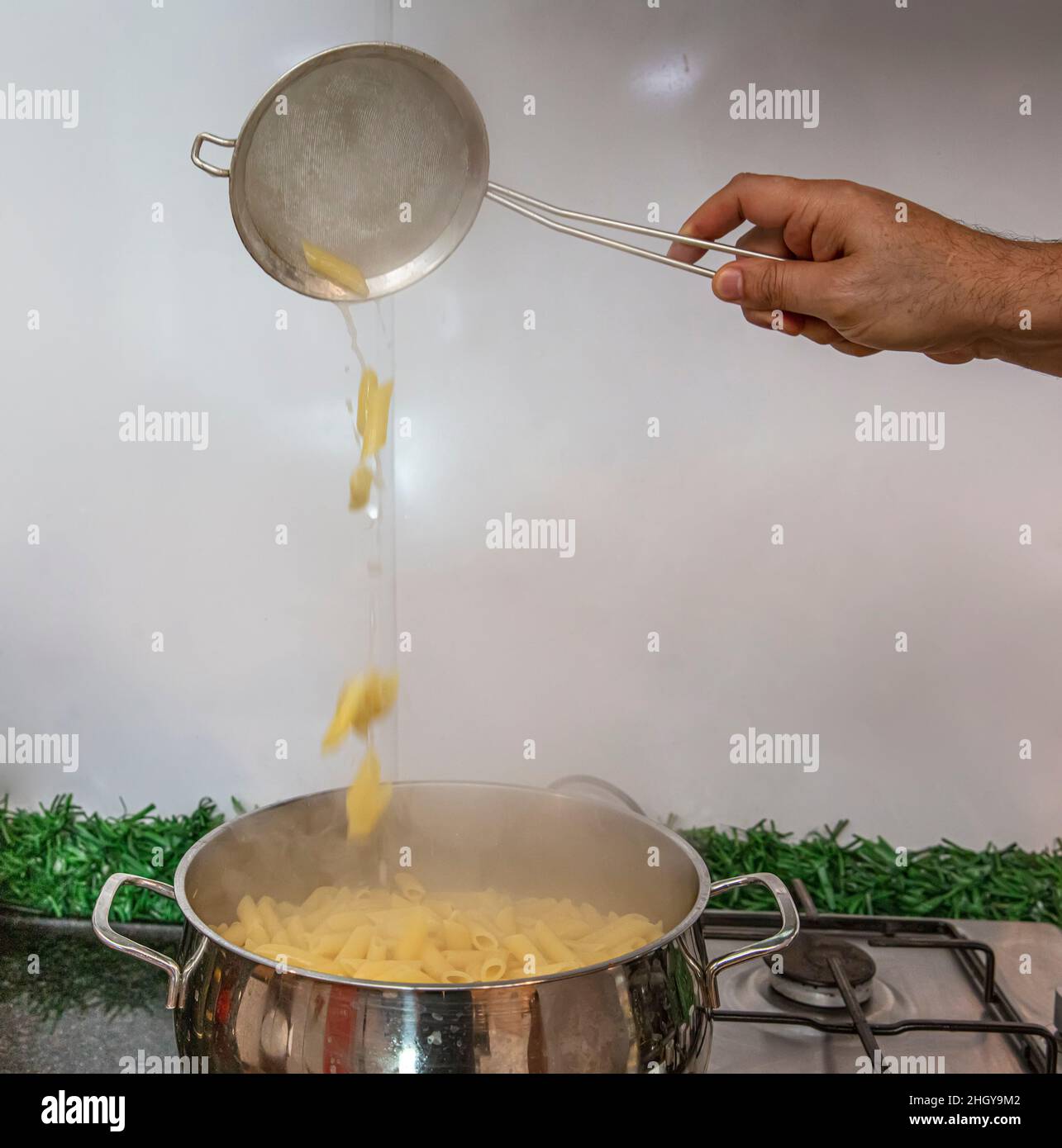 Cooking Pasta pour the penne pasta into a metal pot of boiling water ...