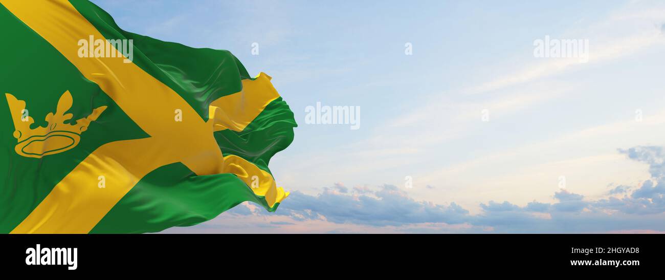 flag of Aa en Hunze , Netherlands at cloudy sky background on sunset ...