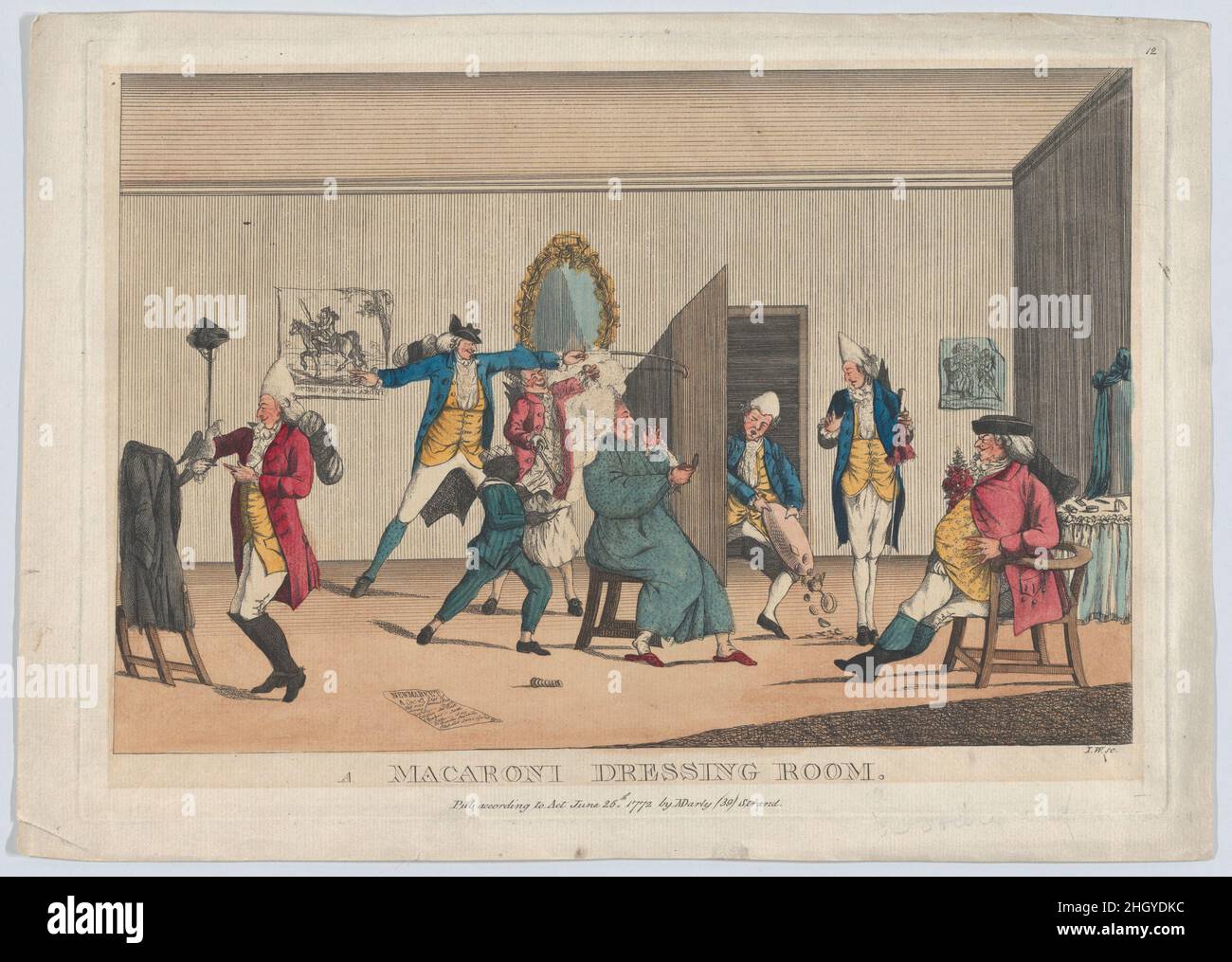 A Macaroni Dressing Room June 26, 1772 I.W. Several macaroni dress with ...