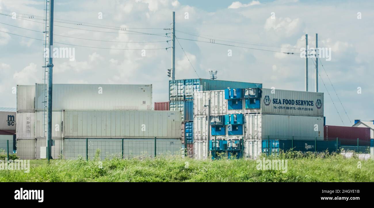 Belarus, Minsk region - July 25, 2020: Freight cargo container ...