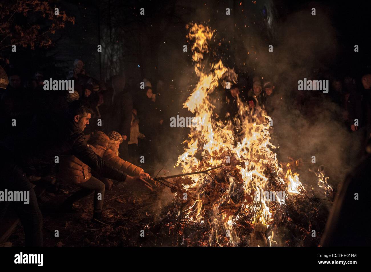People burning Badnjak on Orthodox christmas night in belgrade, Serbia ...