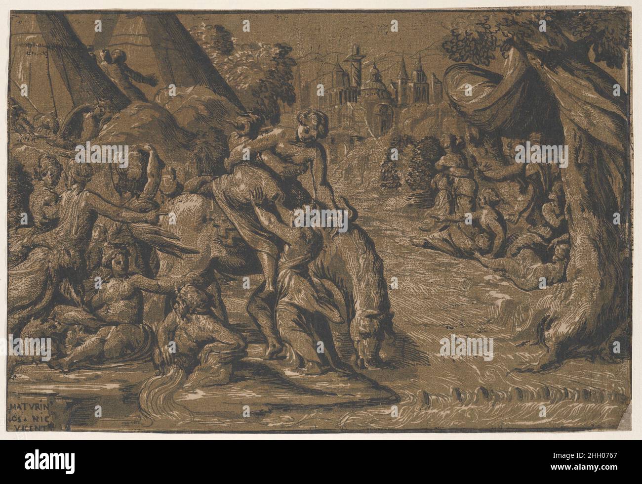 Cloelia the Roman hero in the centre being helped onto a horse, Rome in ...