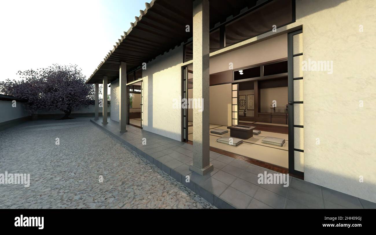 3D illustration samurai house exterior and interior Stock Photo - Alamy
