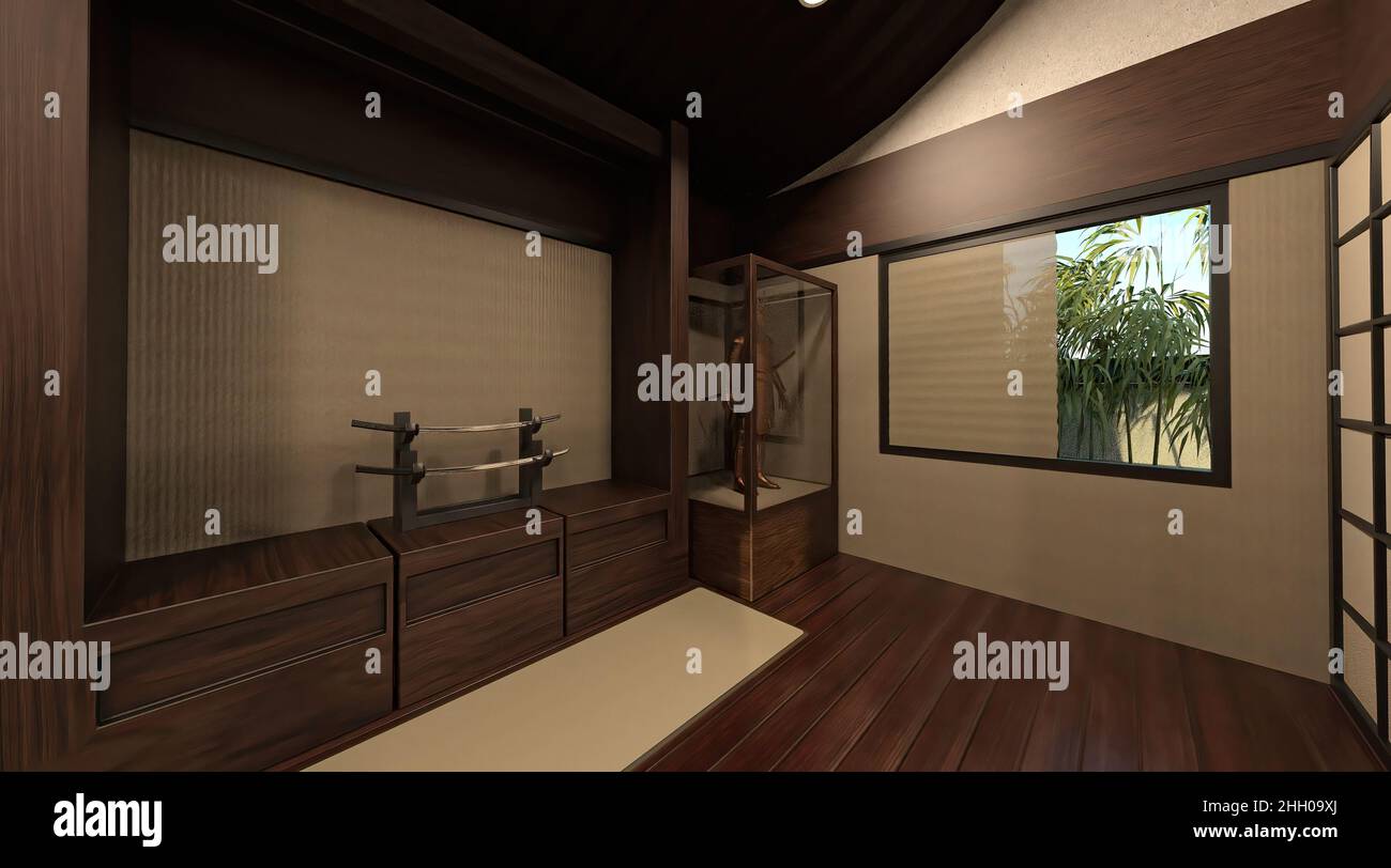 3D illustration samurai house exterior and interior Stock Photo - Alamy