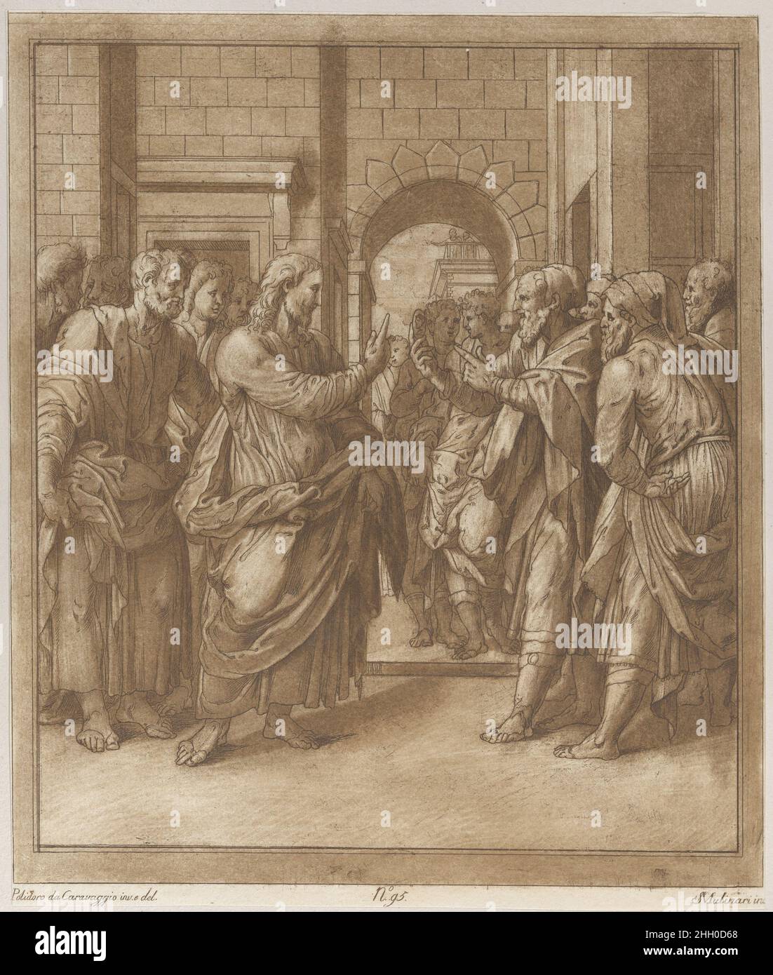 Christ standing before an entrance to a city surrounded by apostles ...