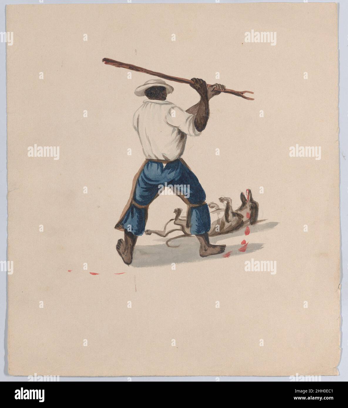 A man viewed from behind beating a dog with a stick, from a group of ...