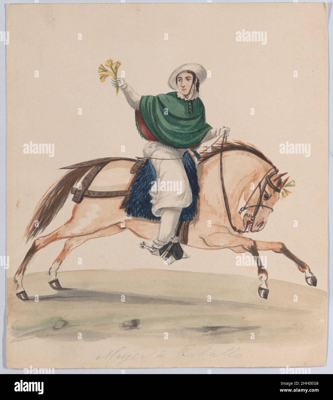 An elegantly dressed woman on horseback, from a group of drawings ...