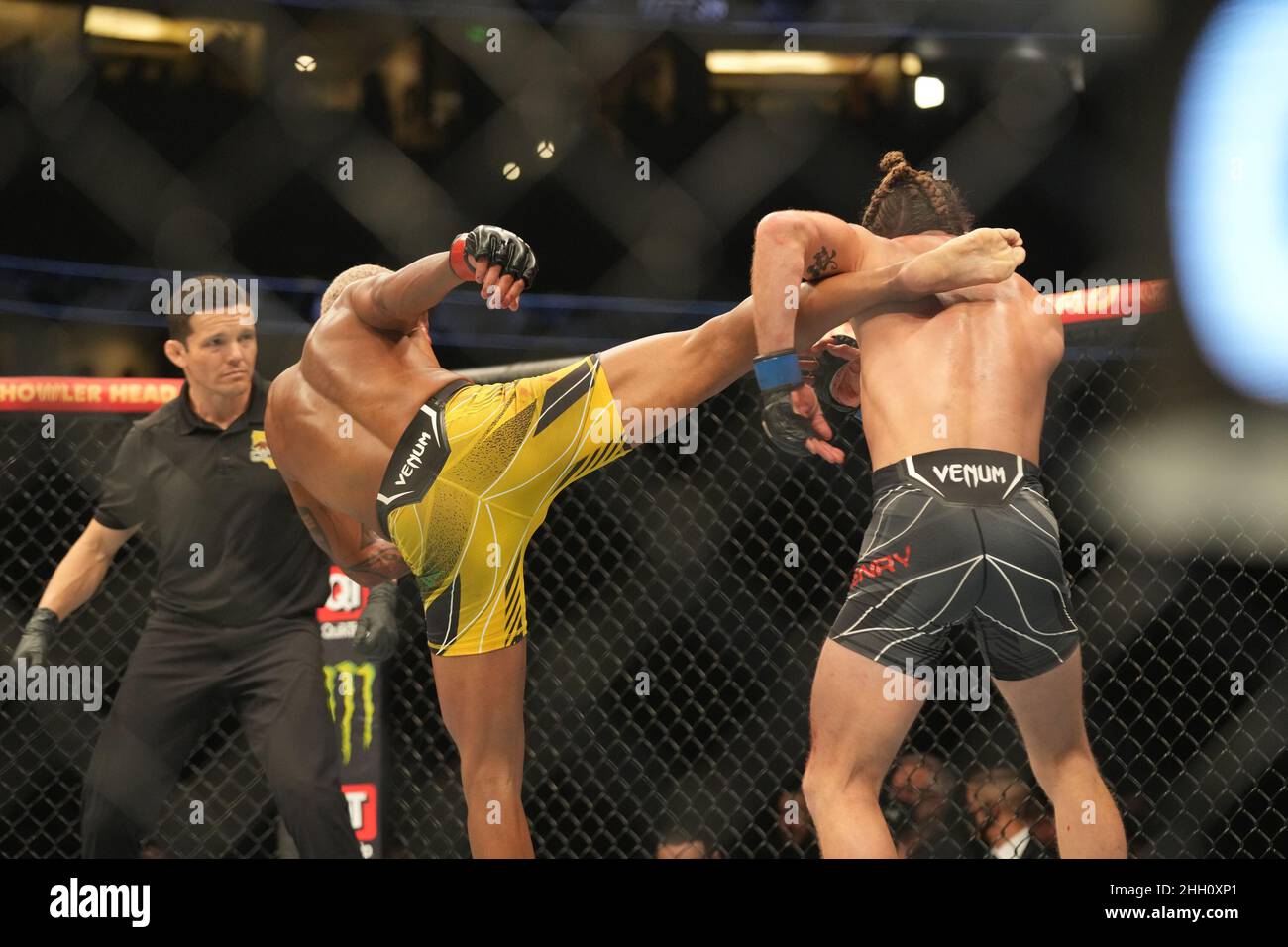 ANAHEIM, CA - JANUARY 22: (L-R) Raoni Barcelos kicks Victor Henry in ...