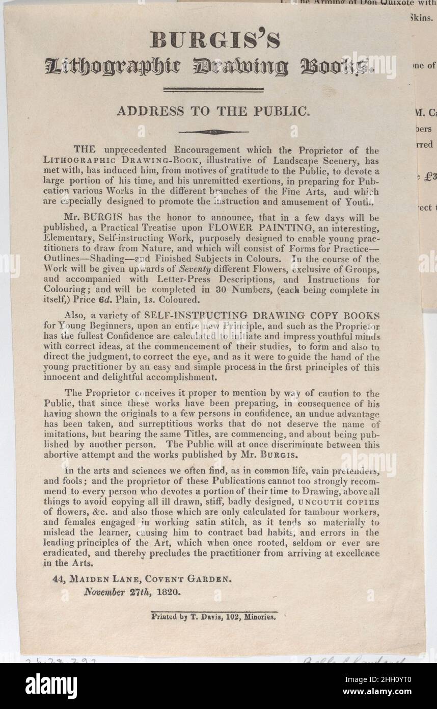 Trade Card for Burgis's Lithographic Drawing Books 1820 Anonymous ...