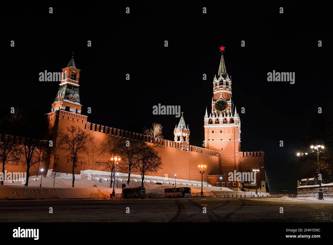 Heavy snowfall in Moscow at Red square at night. Famous destination in ...