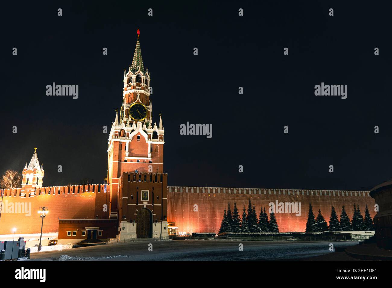 Heavy snowfall in Moscow at Red square at night. Famous destination in ...